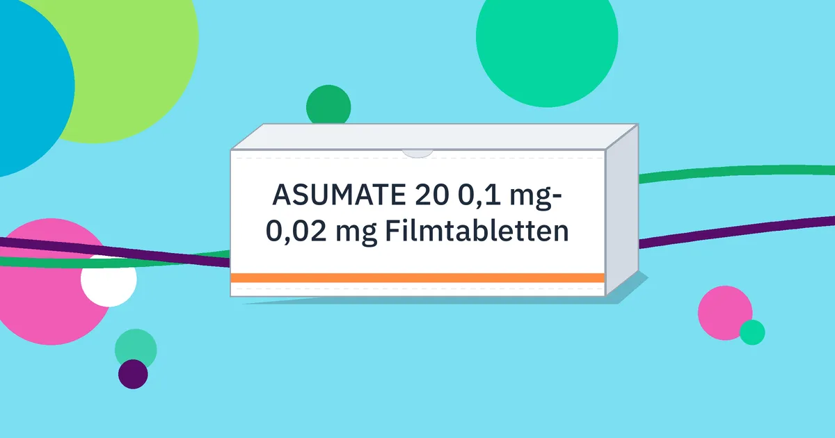 Symbolbild: Packung mit der Aufschrift ASUMATE 20 0,1 mg-0,02 mg Filmtabletten (PZN 06481779) – Verfügbarkeit und Bezug in Apotheken in Frankfurt am Main