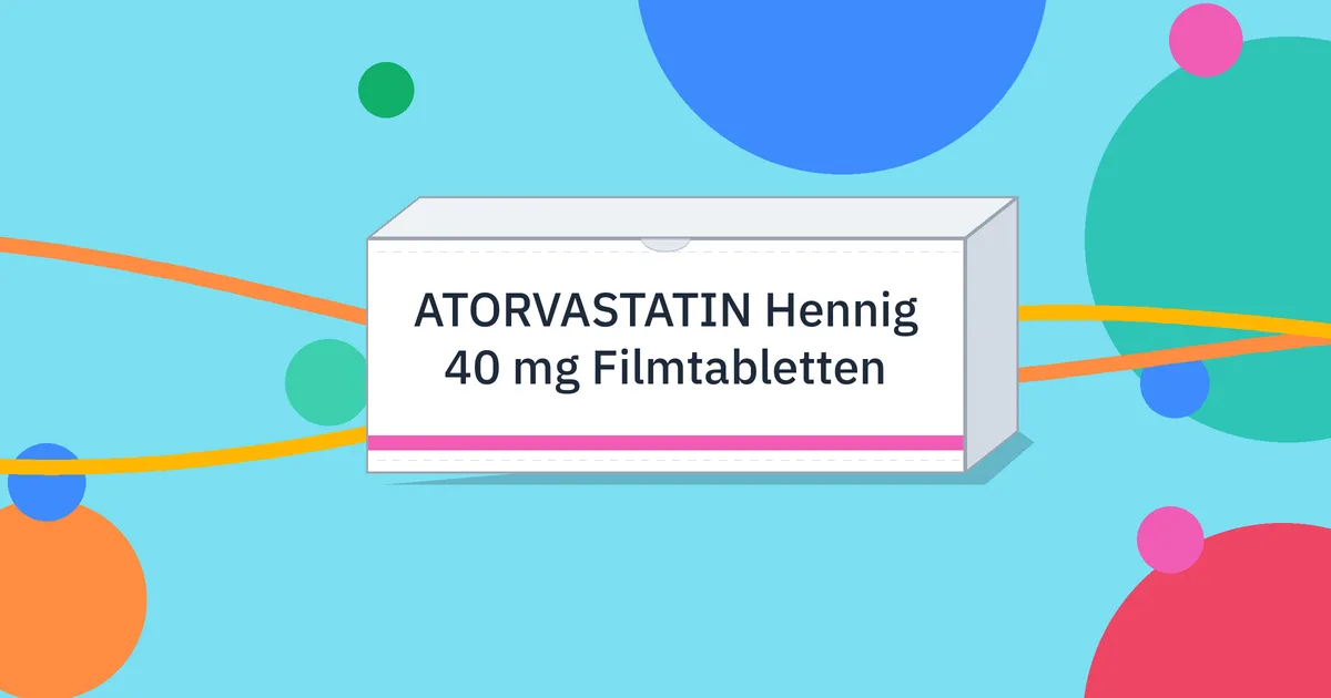 Symbolbild: Packung mit der Aufschrift ATORVASTATIN Hennig 40 mg Filmtabletten (PZN 09533293) – Verfügbarkeit und Bezug in Apotheken in Frankfurt am Main