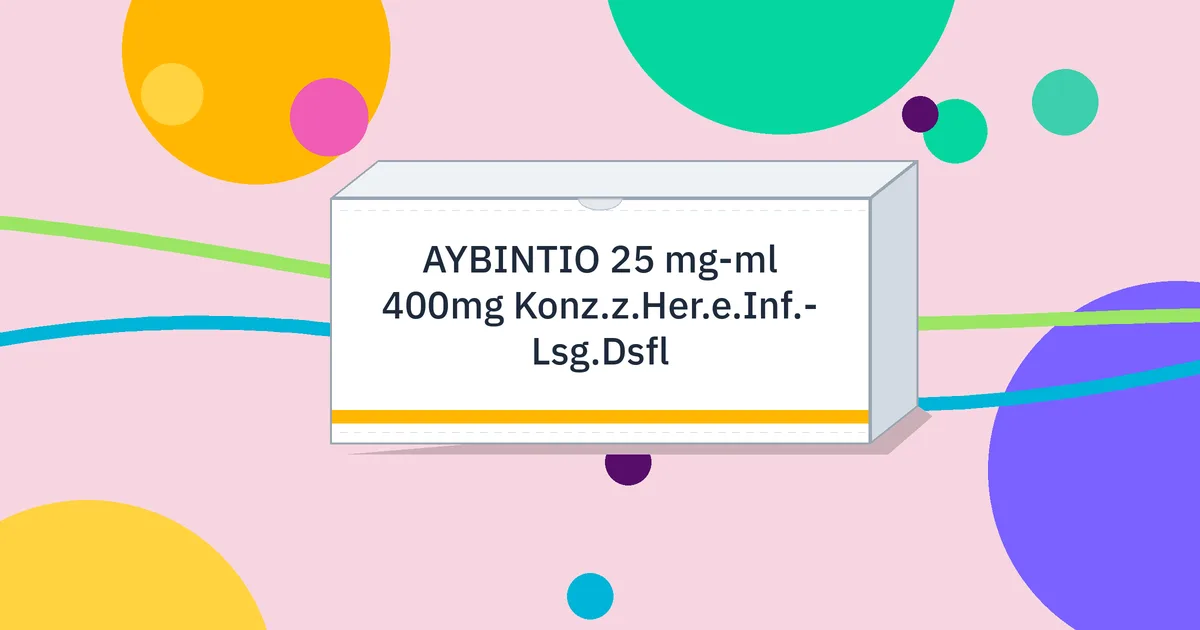 Symbolbild: Packung mit der Aufschrift AYBINTIO 25 mg-ml 400mg Konz.z.Her.e.Inf.-Lsg.Dsfl (PZN 16628404) – Verfügbarkeit und Bezug in Apotheken in Frankfurt am Main