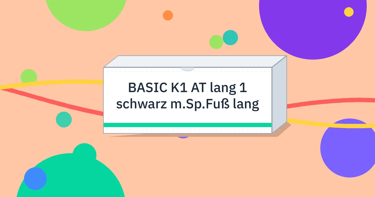 Symbolbild: Packung mit der Aufschrift BASIC K1 AT lang 1 schwarz m.Sp.Fuß lang (PZN 20262096) – Verfügbarkeit und Bezug in Apotheken in Frankfurt am Main