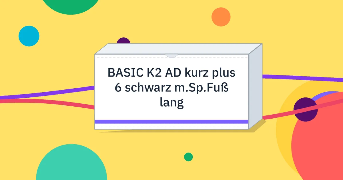Symbolbild: Packung mit der Aufschrift BASIC K2 AD kurz plus 6 schwarz m.Sp.Fuß lang (PZN 20265746) – Verfügbarkeit und Bezug in Apotheken in Frankfurt am Main