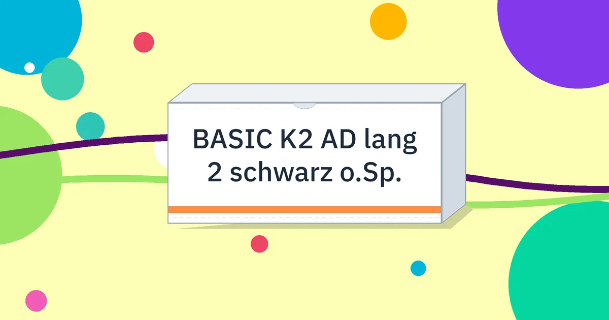 Symbolbild: Packung mit der Aufschrift BASIC K2 AD lang 2 schwarz o.Sp. (PZN 20263813) – Verfügbarkeit und Bezug in Apotheken in Frankfurt am Main