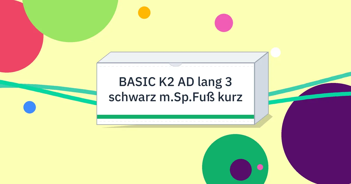 Symbolbild: Packung mit der Aufschrift BASIC K2 AD lang 3 schwarz m.Sp.Fuß kurz (PZN 20264267) – Verfügbarkeit und Bezug in Apotheken in Frankfurt am Main
