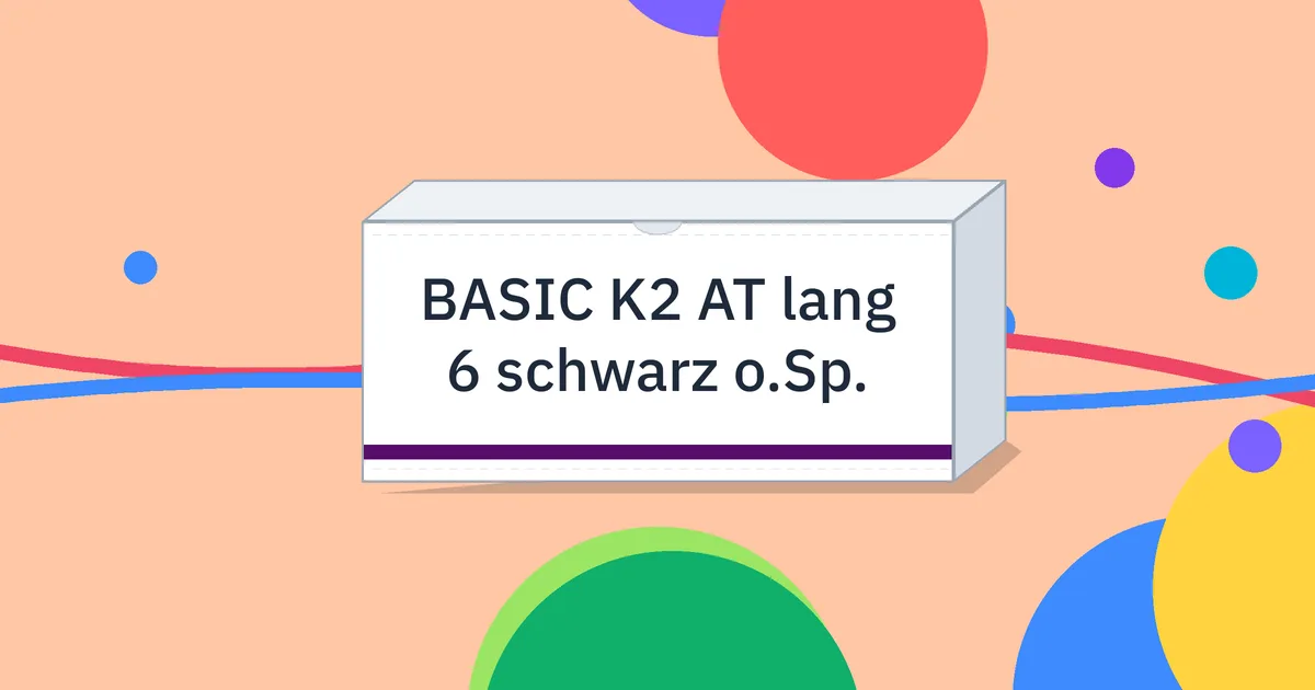 Symbolbild: Packung mit der Aufschrift BASIC K2 AT lang 6 schwarz o.Sp. (PZN 20269767) – Verfügbarkeit und Bezug in Apotheken in Frankfurt am Main