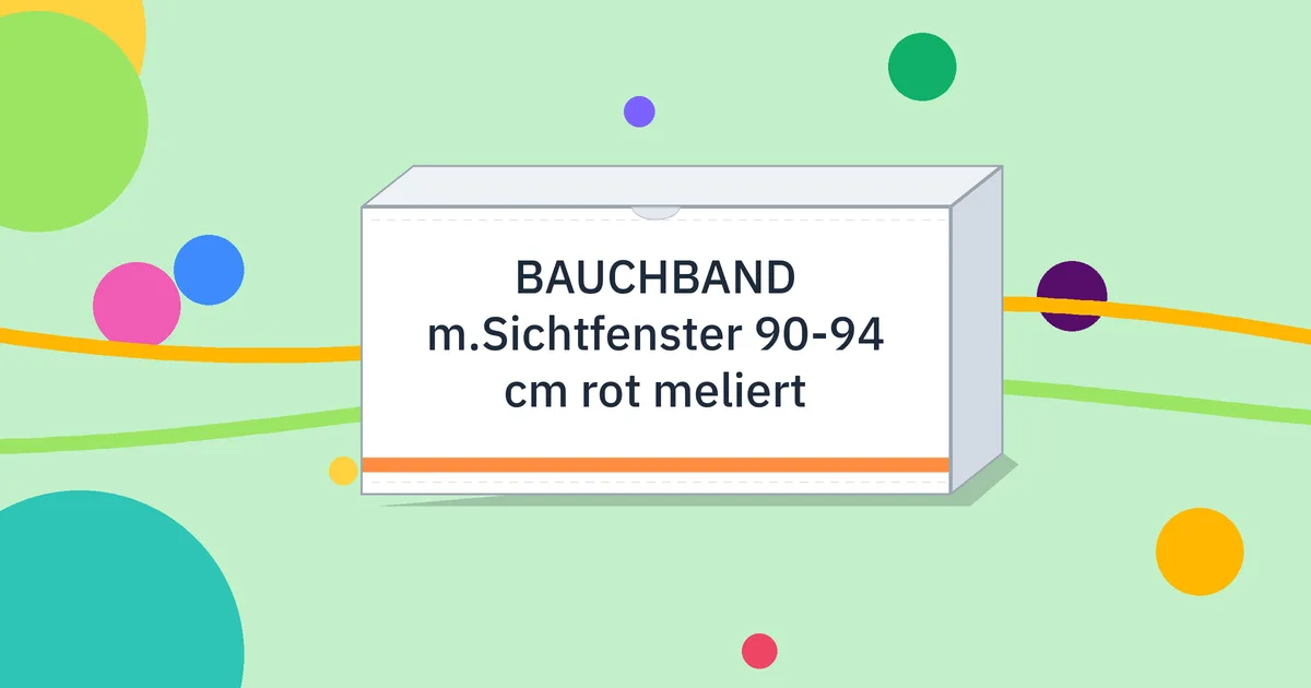 Symbolbild: Packung mit der Aufschrift BAUCHBAND m.Sichtfenster 90-94 cm rot meliert (PZN 13917214) – Verfügbarkeit und Bezug in Apotheken in Frankfurt am Main