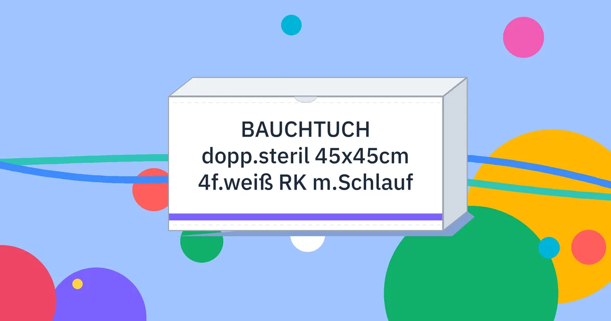 Symbolbild: Packung mit der Aufschrift BAUCHTUCH dopp.steril 45x45cm 4f.weiß RK m.Schlauf (PZN 13166498) – Verfügbarkeit und Bezug in Apotheken in Frankfurt am Main