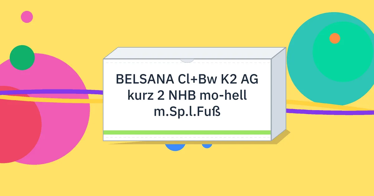 Symbolbild: Packung mit der Aufschrift BELSANA Cl+Bw K2 AG kurz 2 NHB mo-hell m.Sp.l.Fuß (PZN 12243110) – Verfügbarkeit und Bezug in Apotheken in Frankfurt am Main