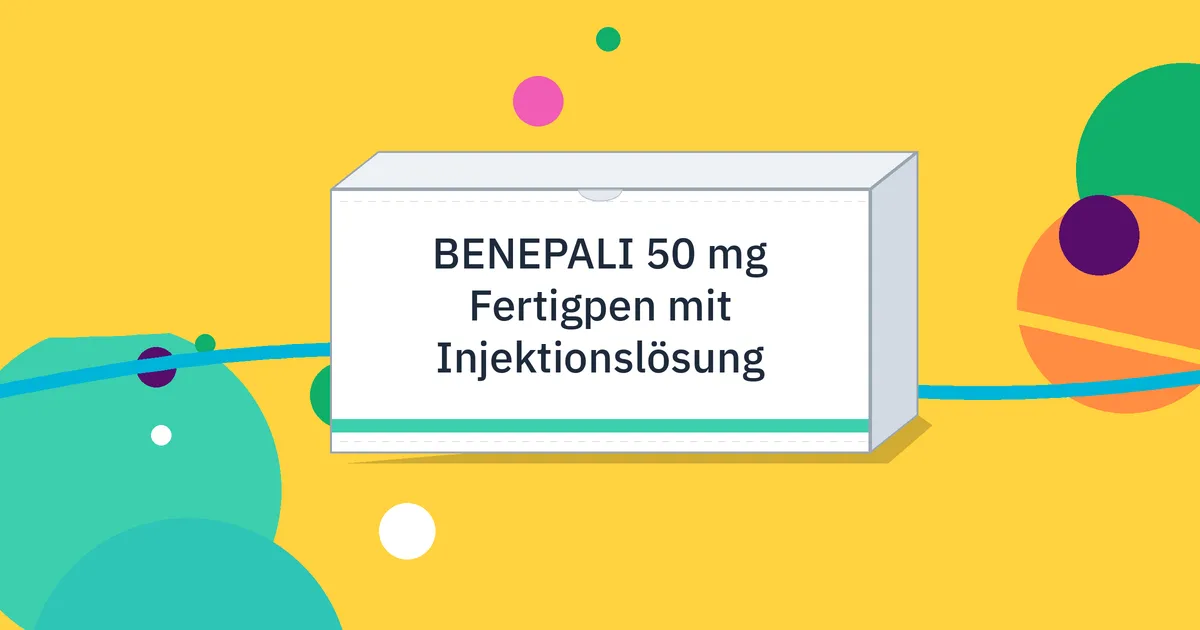 Symbolbild: Packung mit der Aufschrift BENEPALI 50 mg Fertigpen mit Injektionslösung (PZN 11879521) – Verfügbarkeit und Bezug in Apotheken in Frankfurt am Main