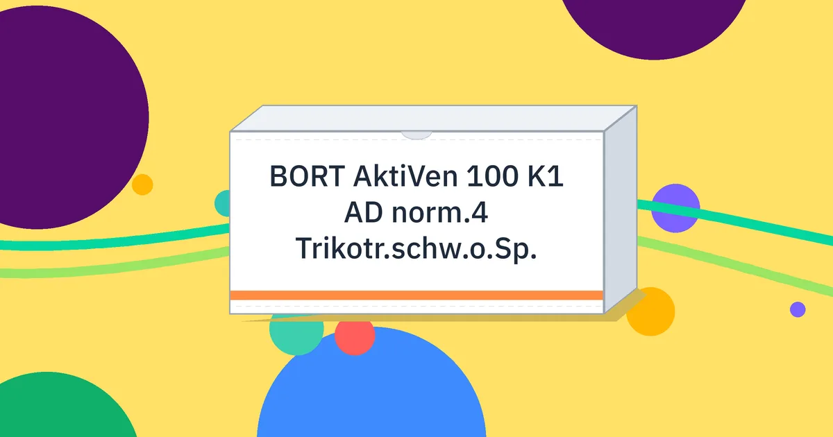 Symbolbild: Packung mit der Aufschrift BORT AktiVen 100 K1 AD norm.4 Trikotr.schw.o.Sp. (PZN 14386894) – Verfügbarkeit und Bezug in Apotheken in Frankfurt am Main