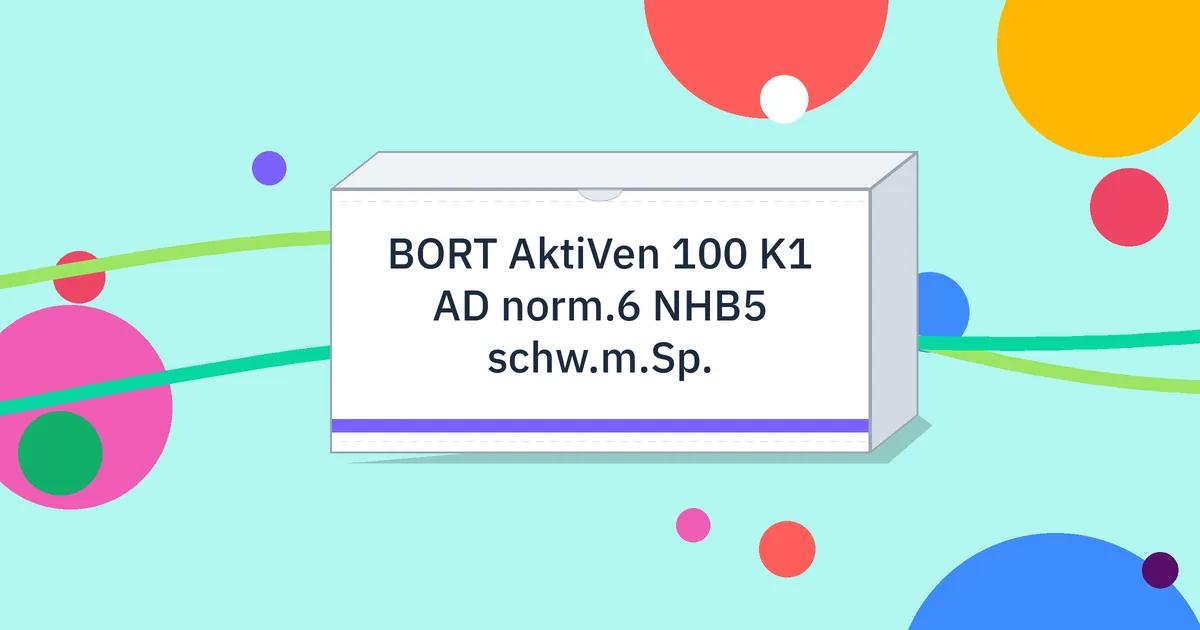 Symbolbild: Packung mit der Aufschrift BORT AktiVen 100 K1 AD norm.6 NHB5 schw.m.Sp. (PZN 17497418) – Verfügbarkeit und Bezug in Apotheken in Frankfurt am Main