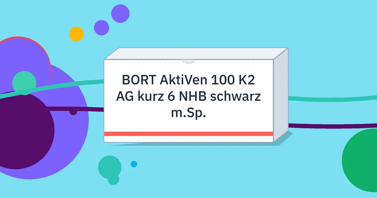 Symbolbild: Packung mit der Aufschrift BORT AktiVen 100 K2 AG kurz 6 NHB schwarz m.Sp. (PZN 14388108) – Verfügbarkeit und Bezug in Apotheken in Frankfurt am Main