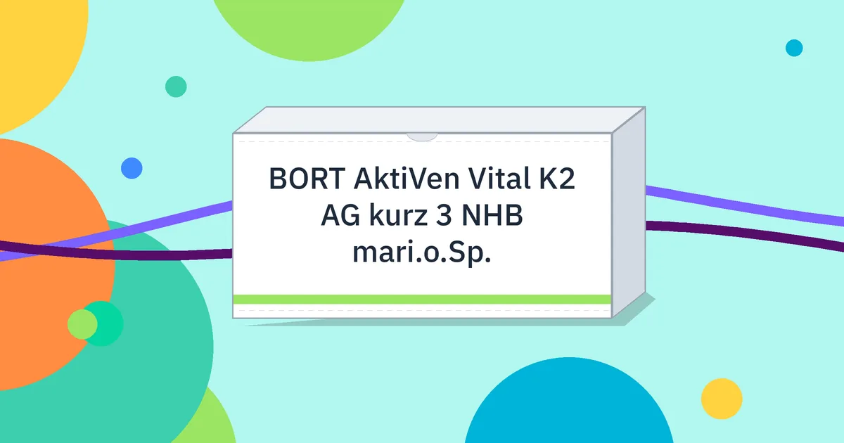 Symbolbild: Packung mit der Aufschrift BORT AktiVen Vital K2 AG kurz 3 NHB mari.o.Sp. (PZN 13732874) – Verfügbarkeit und Bezug in Apotheken in Frankfurt am Main