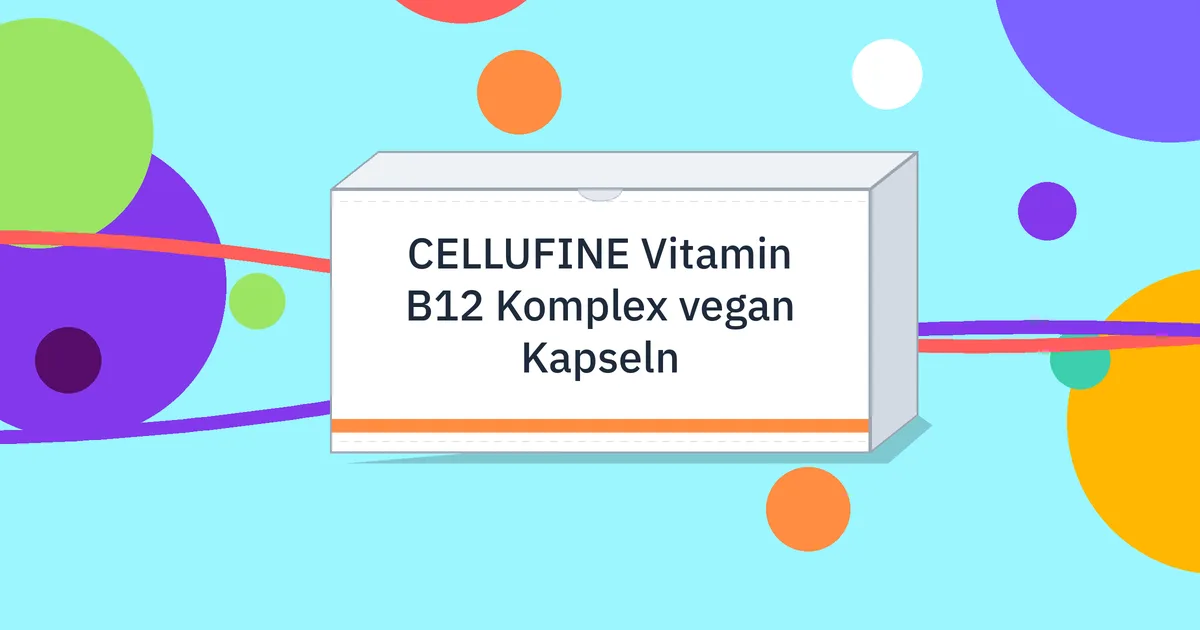 Symbolbild: Packung mit der Aufschrift CELLUFINE Vitamin B12 Komplex vegan Kapseln (PZN 19149650) – Verfügbarkeit und Bezug in Apotheken in Frankfurt am Main