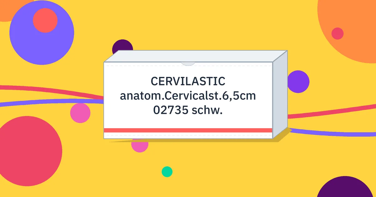 Symbolbild: Packung mit der Aufschrift CERVILASTIC anatom.Cervicalst.6,5cm 02735 schw. (PZN 20331271) – Verfügbarkeit und Bezug in Apotheken in Frankfurt am Main