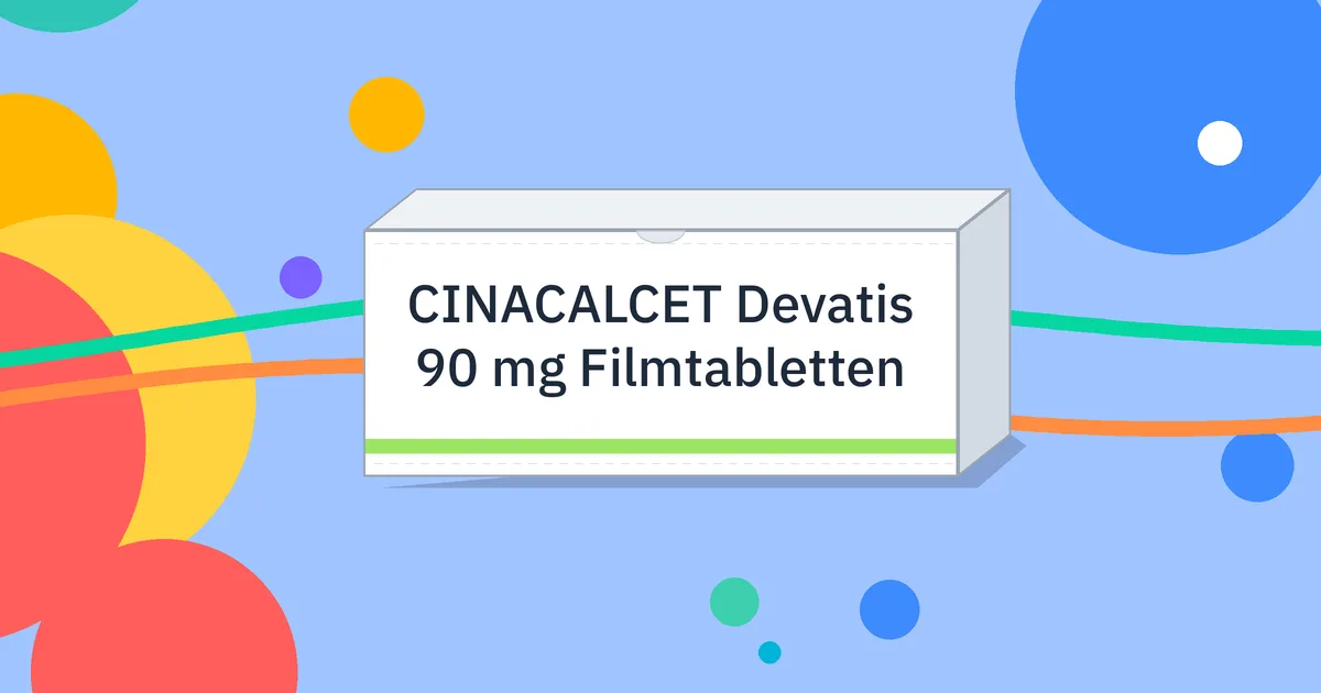 Symbolbild: Packung mit der Aufschrift CINACALCET Devatis 90 mg Filmtabletten (PZN 15572050) – Verfügbarkeit und Bezug in Apotheken in Frankfurt am Main