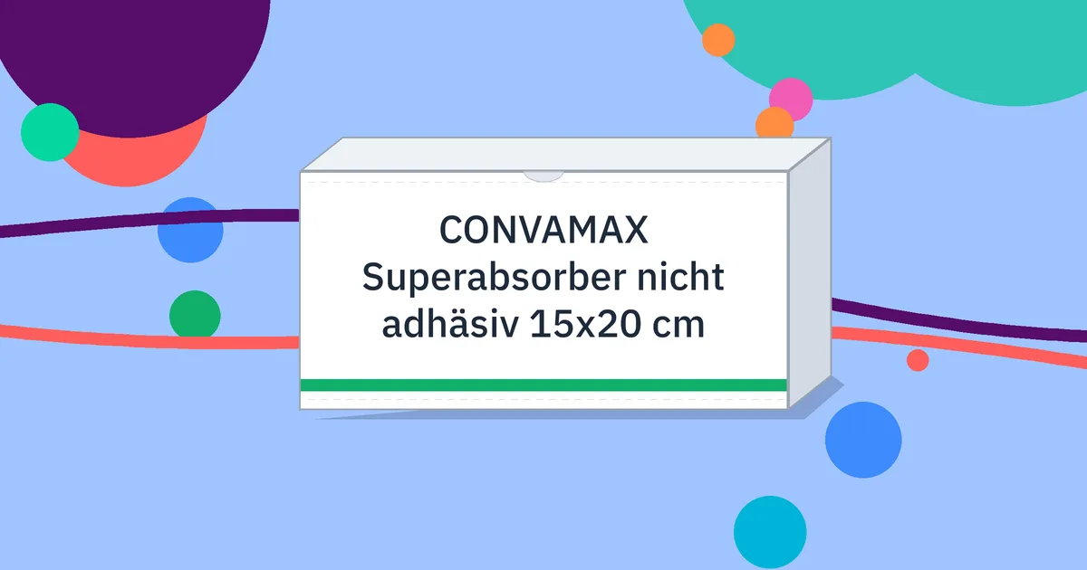 Symbolbild: Packung mit der Aufschrift CONVAMAX Superabsorber nicht adhäsiv 15x20 cm (PZN 16733905) – Verfügbarkeit und Bezug in Apotheken in Frankfurt am Main