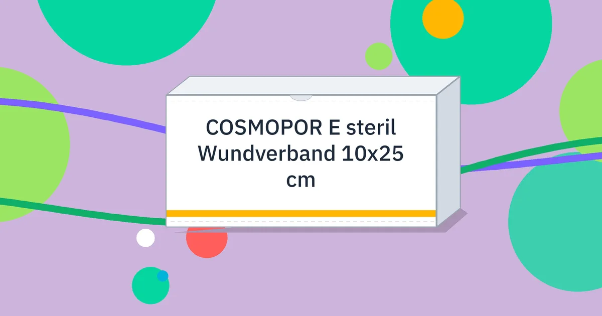Symbolbild: Packung mit der Aufschrift COSMOPOR E steril Wundverband 10x25 cm (PZN 19526130) – Verfügbarkeit und Bezug in Apotheken in Frankfurt am Main