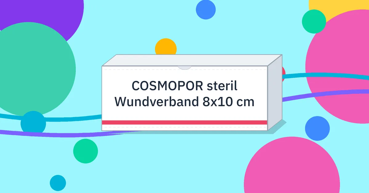 Symbolbild: Packung mit der Aufschrift COSMOPOR steril Wundverband 8x10 cm (PZN 12476067) – Verfügbarkeit und Bezug in Apotheken in Frankfurt am Main