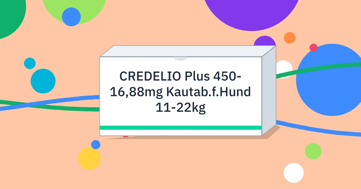 Symbolbild: Packung mit der Aufschrift CREDELIO Plus 450-16,88mg Kautab.f.Hund 11-22kg (PZN 17620563) – Verfügbarkeit und Bezug in Apotheken in Frankfurt am Main