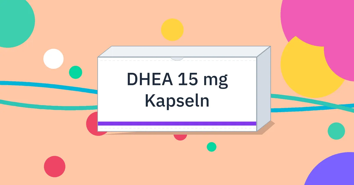 Symbolbild: Packung mit der Aufschrift DHEA 15 mg Kapseln (PZN 18787549) – Verfügbarkeit und Bezug in Apotheken in Frankfurt am Main