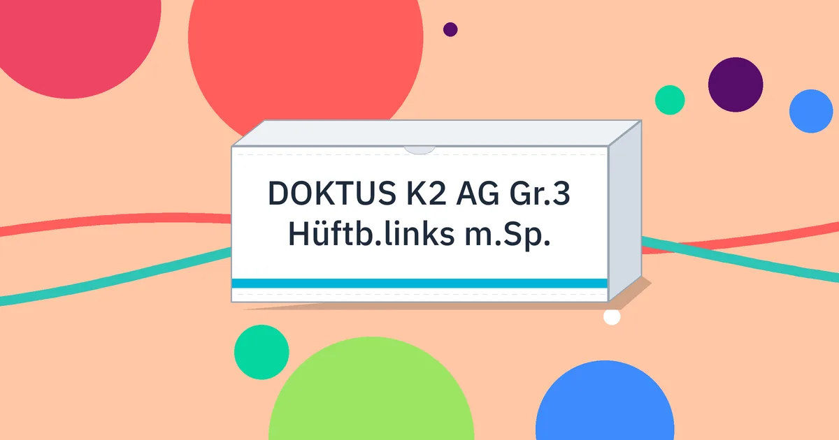Symbolbild: Packung mit der Aufschrift DOKTUS K2 AG Gr.3 Hüftb.links m.Sp. (PZN 03310712) – Verfügbarkeit und Bezug in Apotheken in Frankfurt am Main