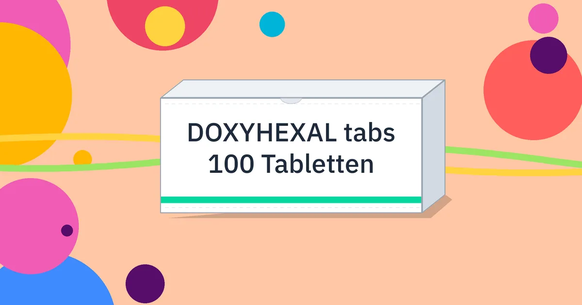 Symbolbild: Packung mit der Aufschrift DOXYHEXAL tabs 100 Tabletten (PZN 03103396) – Verfügbarkeit und Bezug in Apotheken in Frankfurt am Main