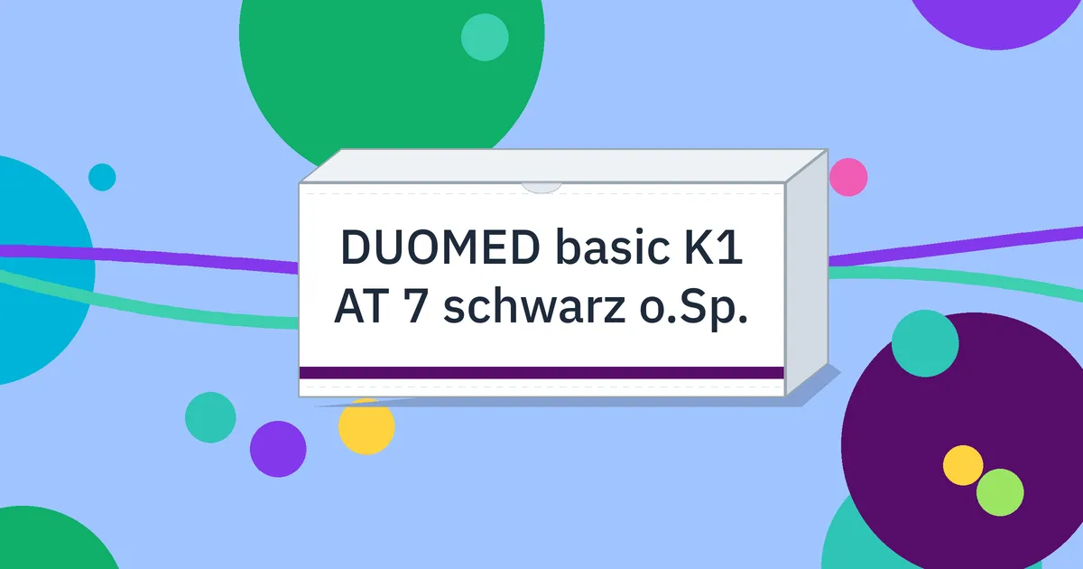 Symbolbild: Packung mit der Aufschrift DUOMED basic K1 AT 7 schwarz o.Sp. (PZN 20902733) – Verfügbarkeit und Bezug in Apotheken in Frankfurt am Main
