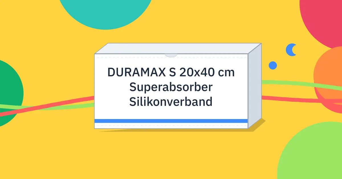 Symbolbild: Packung mit der Aufschrift DURAMAX S 20x40 cm Superabsorber Silikonverband (PZN 19883060) – Verfügbarkeit und Bezug in Apotheken in Frankfurt am Main