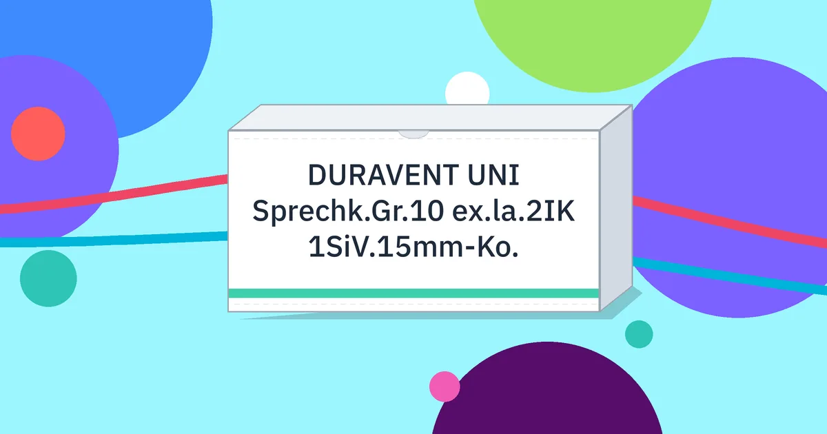 Symbolbild: Packung mit der Aufschrift DURAVENT UNI Sprechk.Gr.10 ex.la.2IK 1SiV.15mm-Ko. (PZN 02088973) – Verfügbarkeit und Bezug in Apotheken in Frankfurt am Main