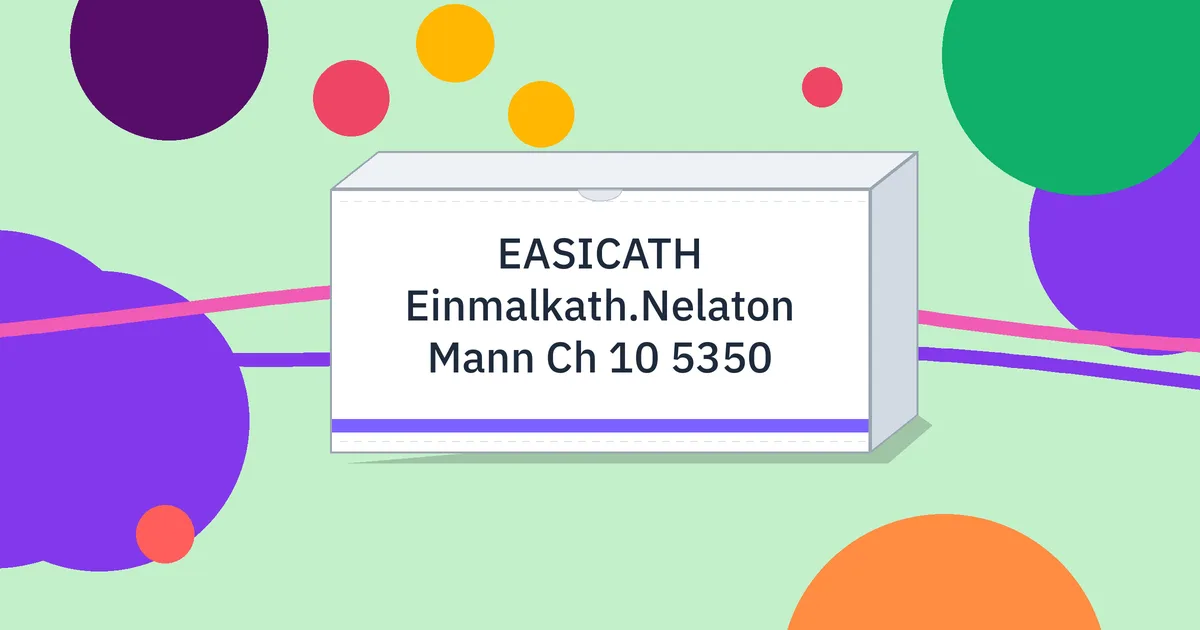 Symbolbild: Packung mit der Aufschrift EASICATH Einmalkath.Nelaton Mann Ch 10 5350 (PZN 00598730) – Verfügbarkeit und Bezug in Apotheken in Frankfurt am Main