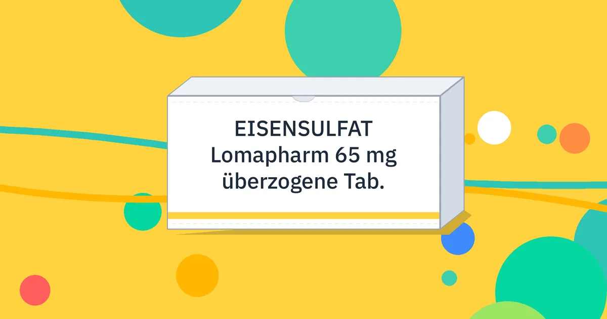 Symbolbild: Packung mit der Aufschrift EISENSULFAT Lomapharm 65 mg überzogene Tab. (PZN 02750538) – Verfügbarkeit und Bezug in Apotheken in Frankfurt am Main