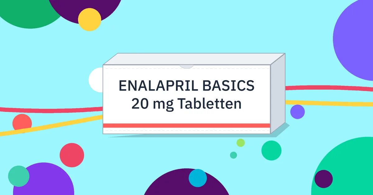 Symbolbild: Packung mit der Aufschrift ENALAPRIL BASICS 20 mg Tabletten (PZN 07129406) – Verfügbarkeit und Bezug in Apotheken in Frankfurt am Main