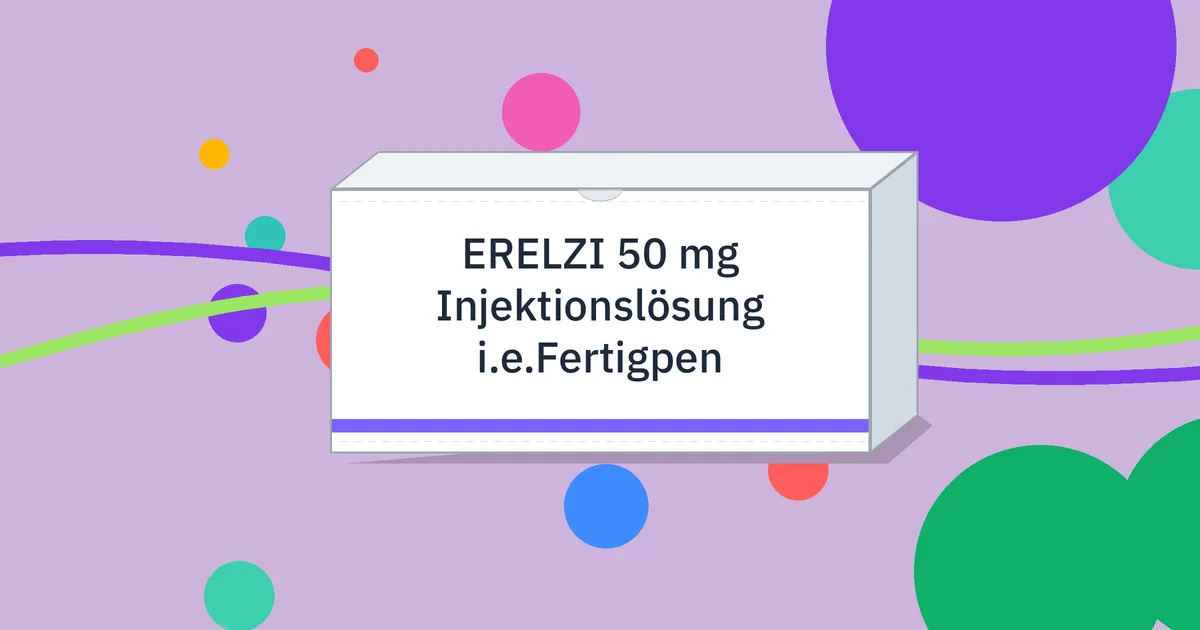 Symbolbild: Packung mit der Aufschrift ERELZI 50 mg Injektionslösung i.e.Fertigpen (PZN 16702282) – Verfügbarkeit und Bezug in Apotheken in Frankfurt am Main