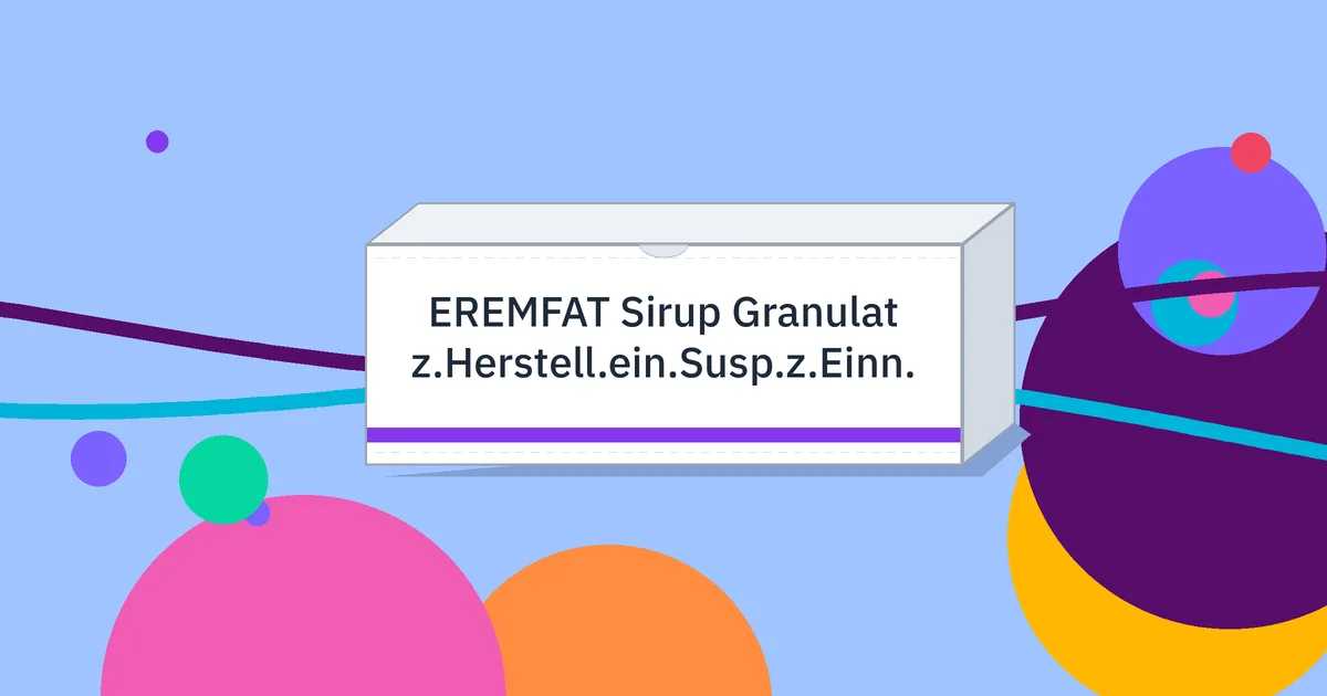 Symbolbild: Packung mit der Aufschrift EREMFAT Sirup Granulat z.Herstell.ein.Susp.z.Einn. (PZN 03838270) – Verfügbarkeit und Bezug in Apotheken in Frankfurt am Main