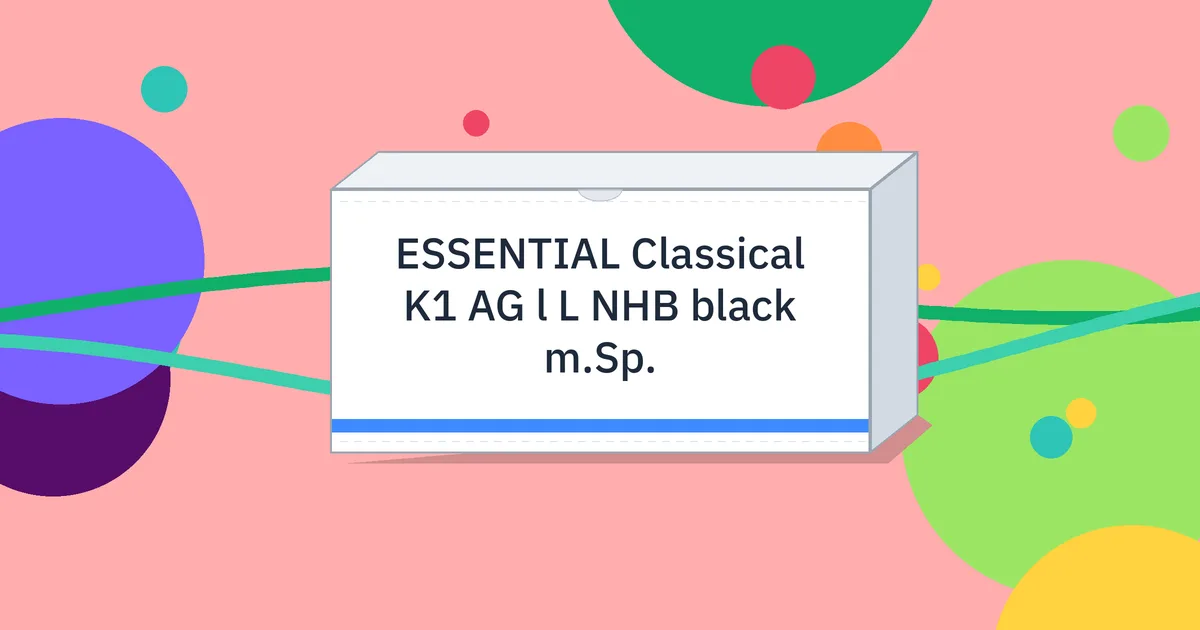 Symbolbild: Packung mit der Aufschrift ESSENTIAL Classical K1 AG l L NHB black m.Sp. (PZN 17002581) – Verfügbarkeit und Bezug in Apotheken in Frankfurt am Main