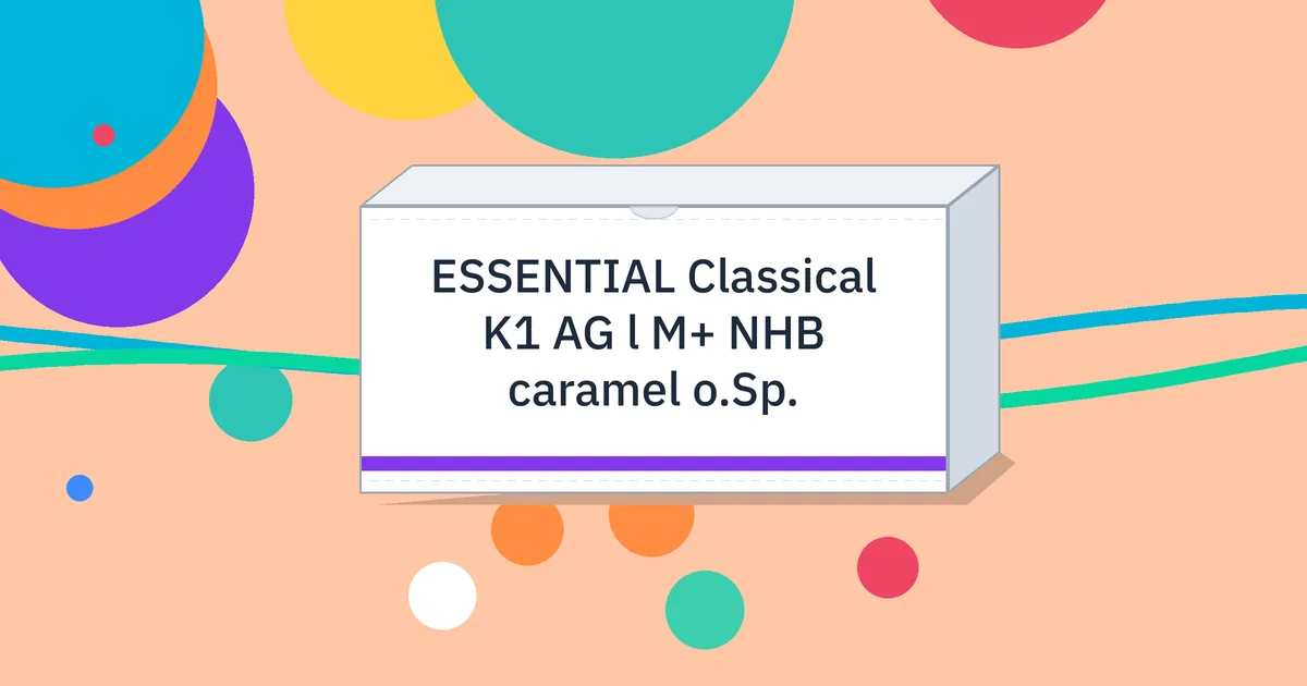 Symbolbild: Packung mit der Aufschrift ESSENTIAL Classical K1 AG l M+ NHB caramel o.Sp. (PZN 17009293) – Verfügbarkeit und Bezug in Apotheken in Frankfurt am Main