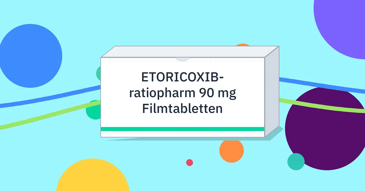 Symbolbild: Packung mit der Aufschrift ETORICOXIB-ratiopharm 90 mg Filmtabletten (PZN 12377129) – Verfügbarkeit und Bezug in Apotheken in Frankfurt am Main