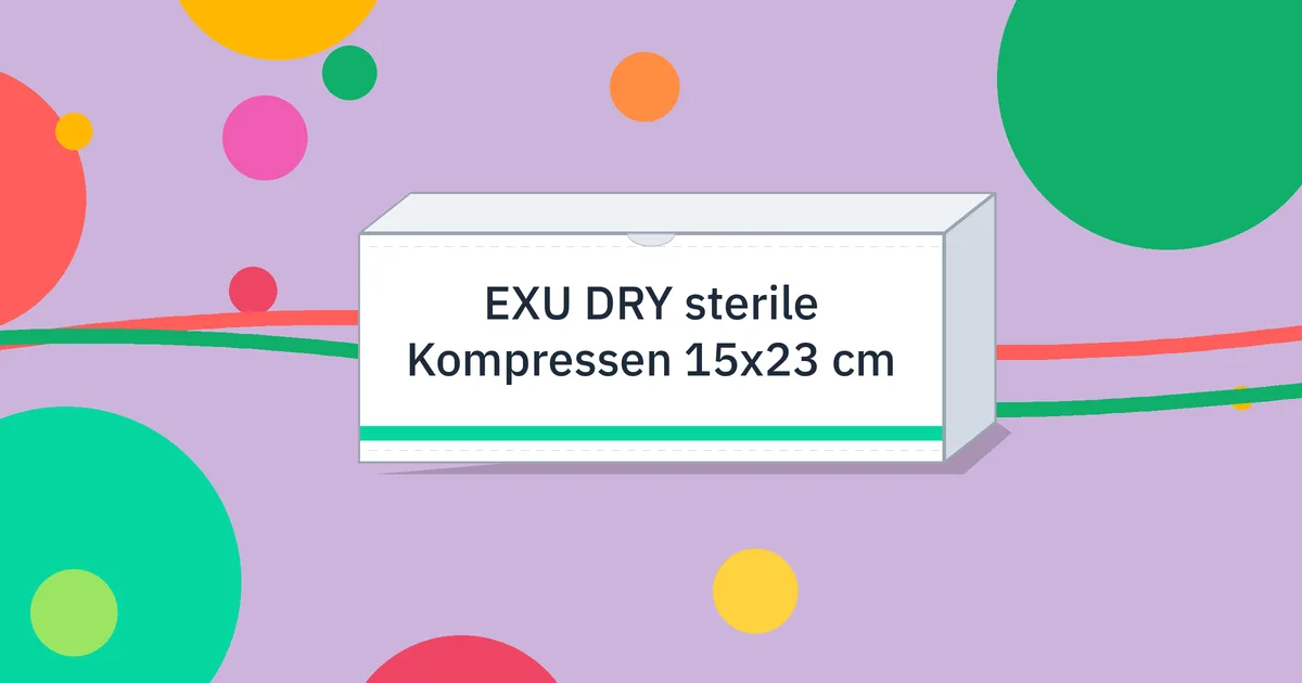 Symbolbild: Packung mit der Aufschrift EXU DRY sterile Kompressen 15x23 cm (PZN 04315433) – Verfügbarkeit und Bezug in Apotheken in Frankfurt am Main