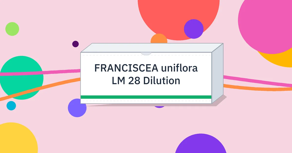 Symbolbild: Packung mit der Aufschrift FRANCISCEA uniflora LM 28 Dilution (PZN 13491293) – Verfügbarkeit und Bezug in Apotheken in Frankfurt am Main