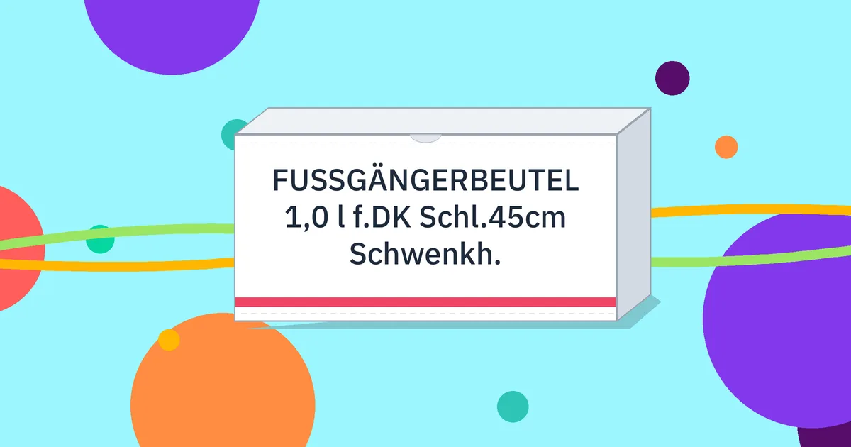 Symbolbild: Packung mit der Aufschrift FUSSGÄNGERBEUTEL 1,0 l f.DK Schl.45cm Schwenkh. (PZN 06096900) – Verfügbarkeit und Bezug in Apotheken in Frankfurt am Main