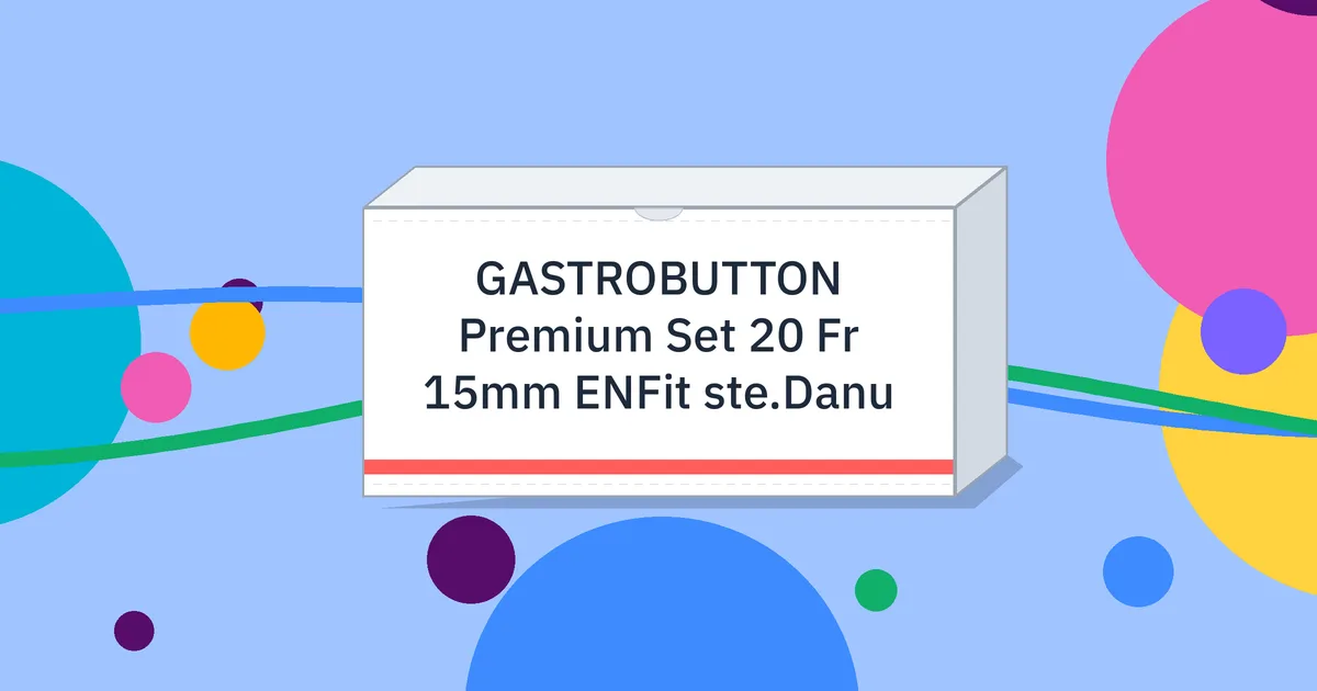 Symbolbild: Packung mit der Aufschrift GASTROBUTTON Premium Set 20 Fr 15mm ENFit ste.Danu (PZN 16883929) – Verfügbarkeit und Bezug in Apotheken in Frankfurt am Main