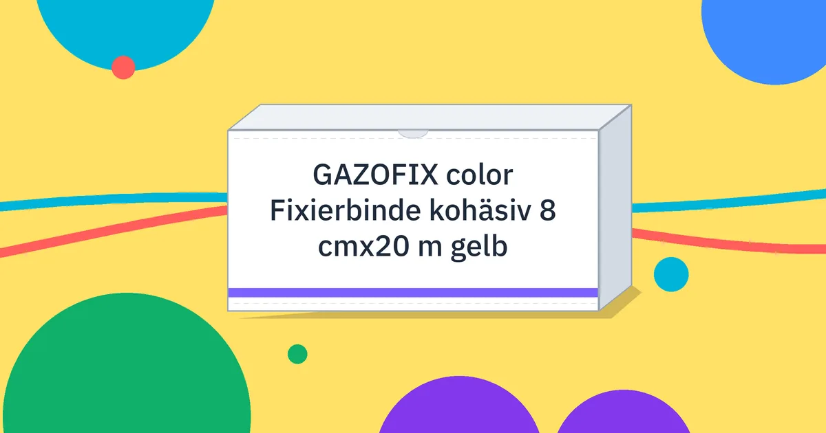 Symbolbild: Packung mit der Aufschrift GAZOFIX color Fixierbinde kohäsiv 8 cmx20 m gelb (PZN 11587669) – Verfügbarkeit und Bezug in Apotheken in Frankfurt am Main