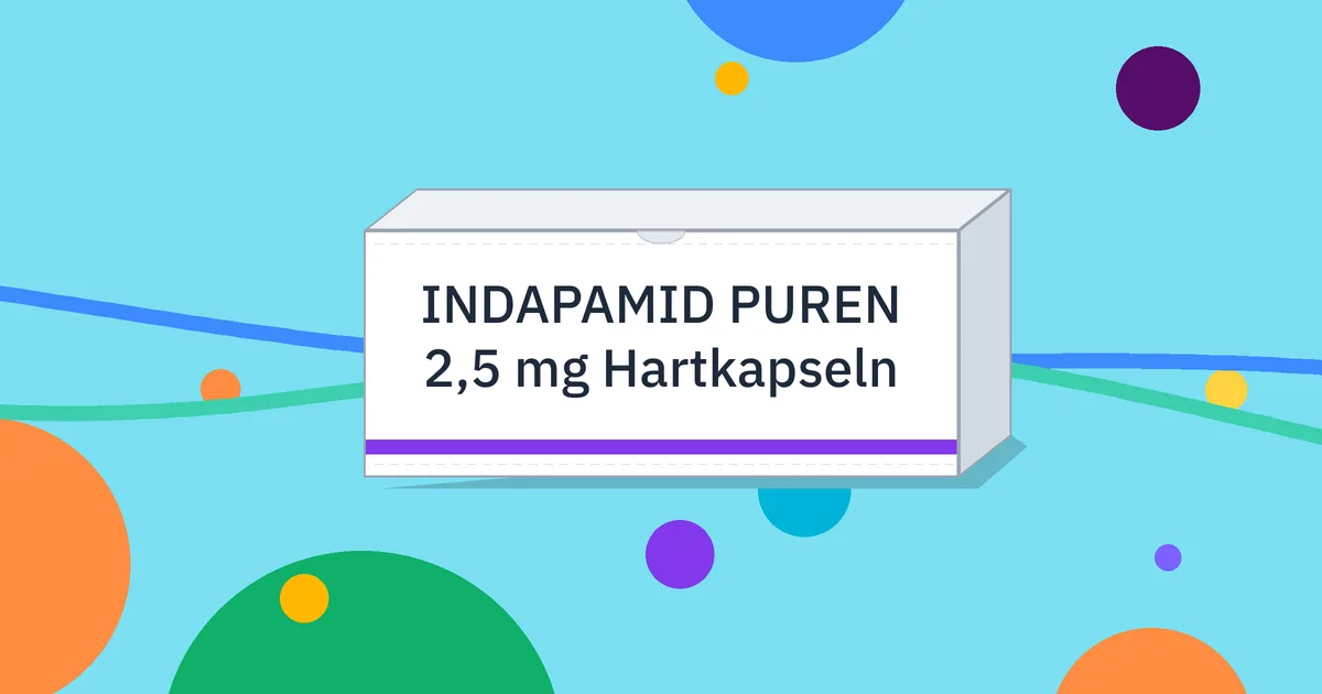 Symbolbild: Packung mit der Aufschrift INDAPAMID PUREN 2,5 mg Hartkapseln (PZN 11355195) – Verfügbarkeit und Bezug in Apotheken in Frankfurt am Main