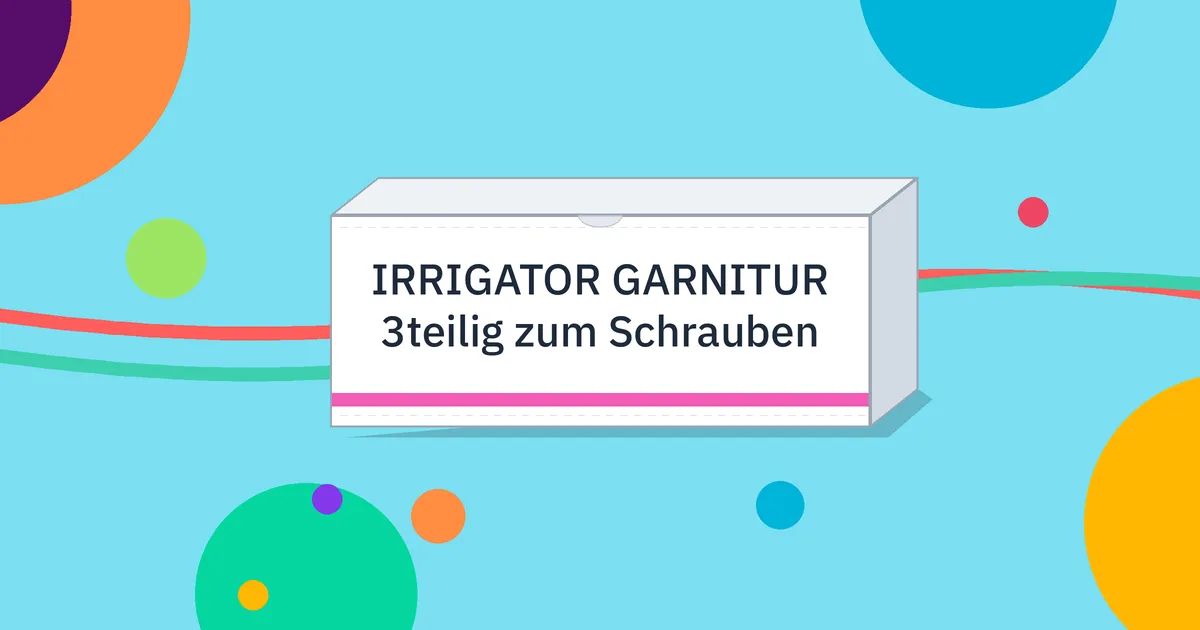 Symbolbild: Packung mit der Aufschrift IRRIGATOR GARNITUR 3teilig zum Schrauben (PZN 04755793) – Verfügbarkeit und Bezug in Apotheken in Frankfurt am Main