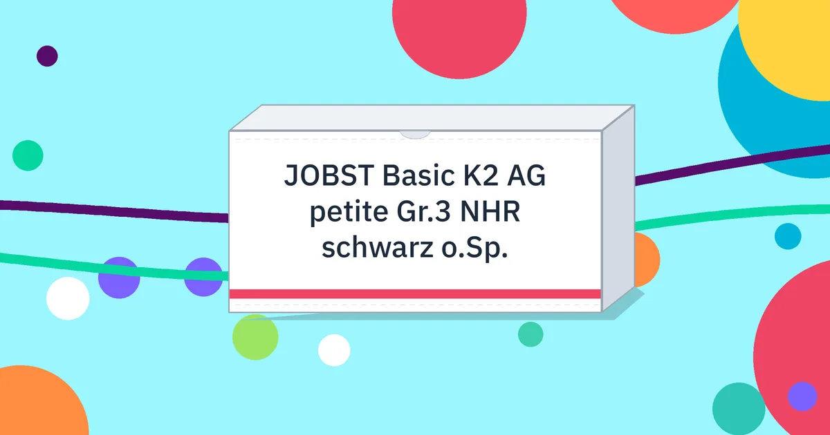Symbolbild: Packung mit der Aufschrift JOBST Basic K2 AG petite Gr.3 NHR schwarz o.Sp. (PZN 15311289) – Verfügbarkeit und Bezug in Apotheken in Frankfurt am Main