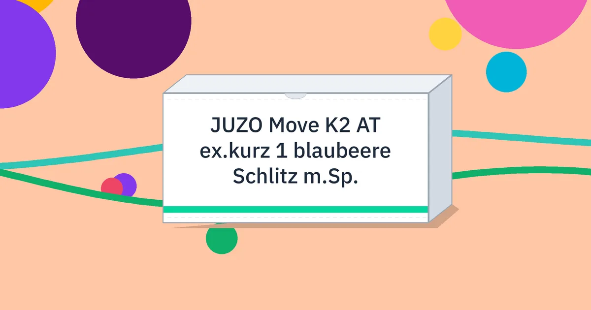 Symbolbild: Packung mit der Aufschrift JUZO Move K2 AT ex.kurz 1 blaubeere Schlitz m.Sp. (PZN 20671819) – Verfügbarkeit und Bezug in Apotheken in Frankfurt am Main