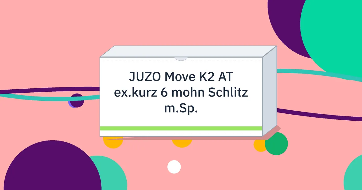 Symbolbild: Packung mit der Aufschrift JUZO Move K2 AT ex.kurz 6 mohn Schlitz m.Sp. (PZN 20672055) – Verfügbarkeit und Bezug in Apotheken in Frankfurt am Main