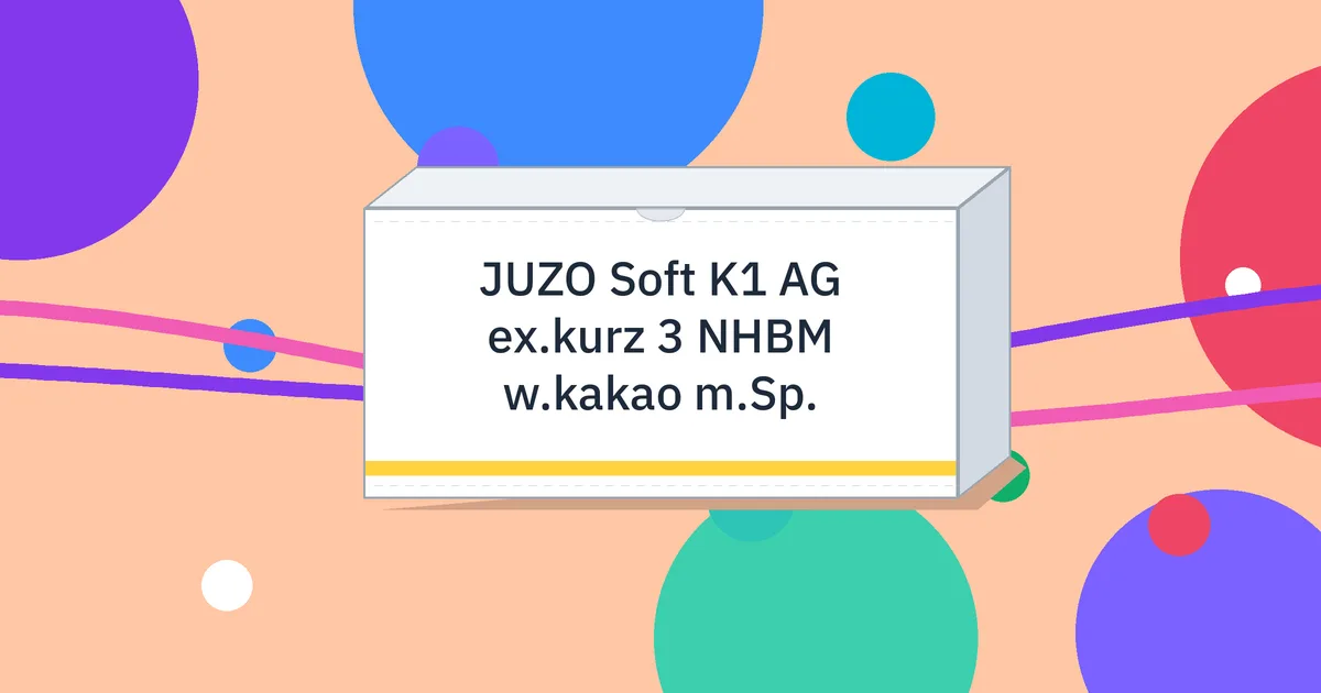 Symbolbild: Packung mit der Aufschrift JUZO Soft K1 AG ex.kurz 3 NHBM w.kakao m.Sp. (PZN 15017302) – Verfügbarkeit und Bezug in Apotheken in Frankfurt am Main