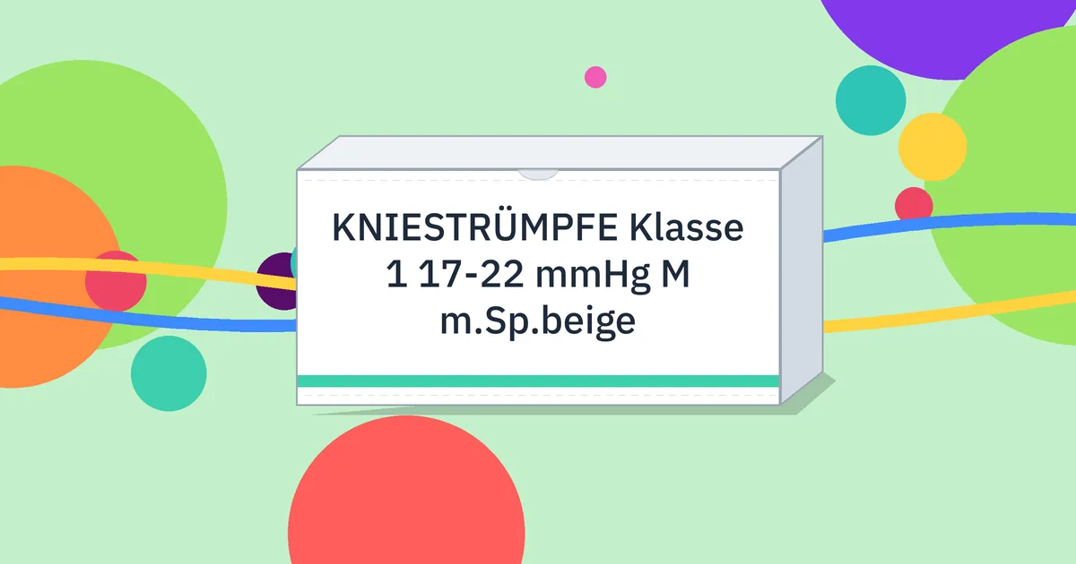 Symbolbild: Packung mit der Aufschrift KNIESTRÜMPFE Klasse 1 17-22 mmHg M m.Sp.beige (PZN 19072278) – Verfügbarkeit und Bezug in Apotheken in Frankfurt am Main