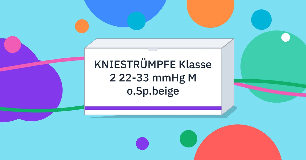 Symbolbild: Packung mit der Aufschrift KNIESTRÜMPFE Klasse 2 22-33 mmHg M o.Sp.beige (PZN 19072516) – Verfügbarkeit und Bezug in Apotheken in Frankfurt am Main